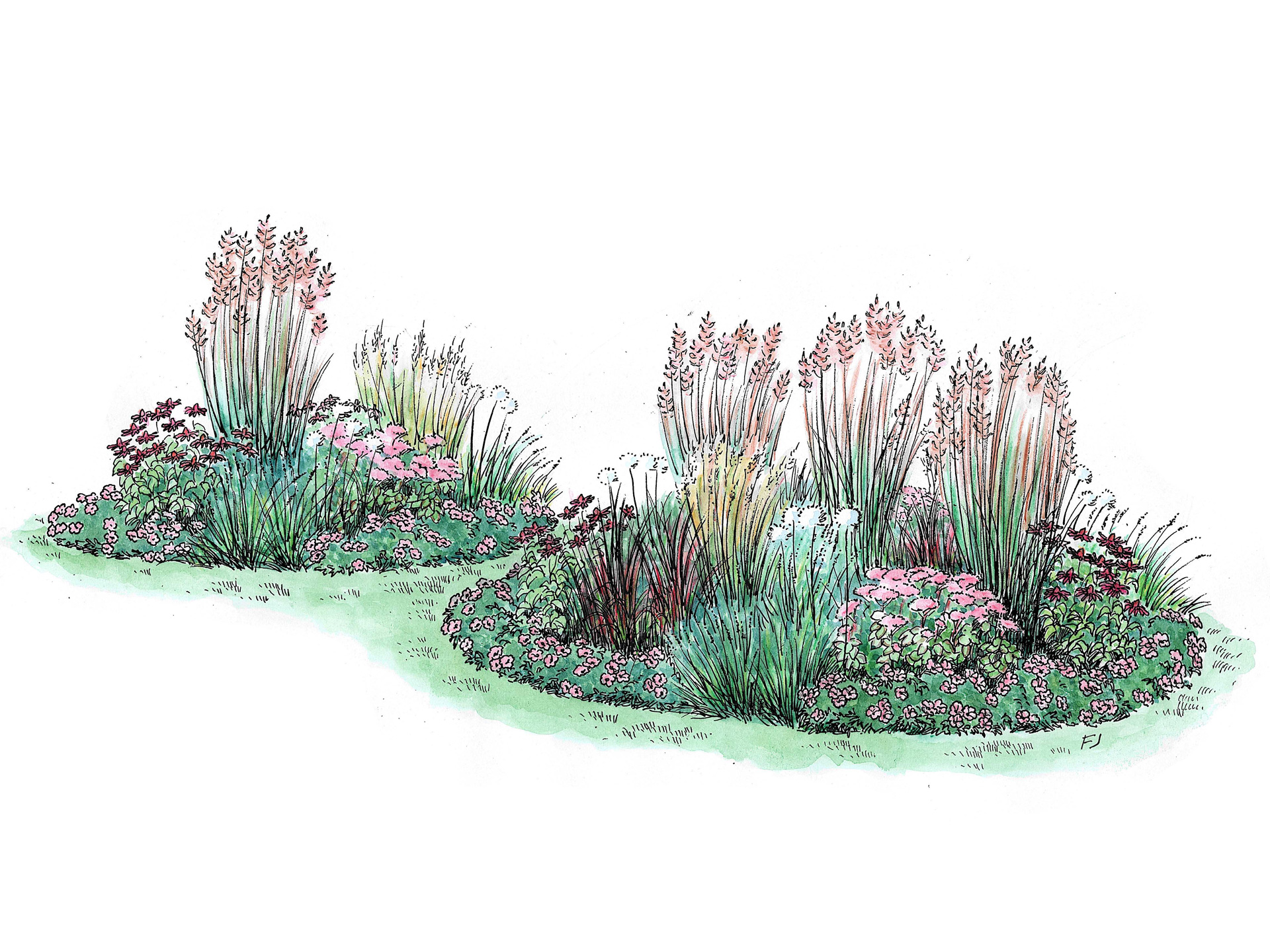 Bedplan: Runde bede med prydgræsser og stauder